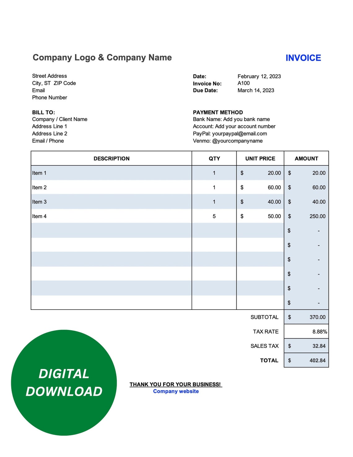 Invoice Template, Editable Invoice Form, Excel Form, Amount and Total ...