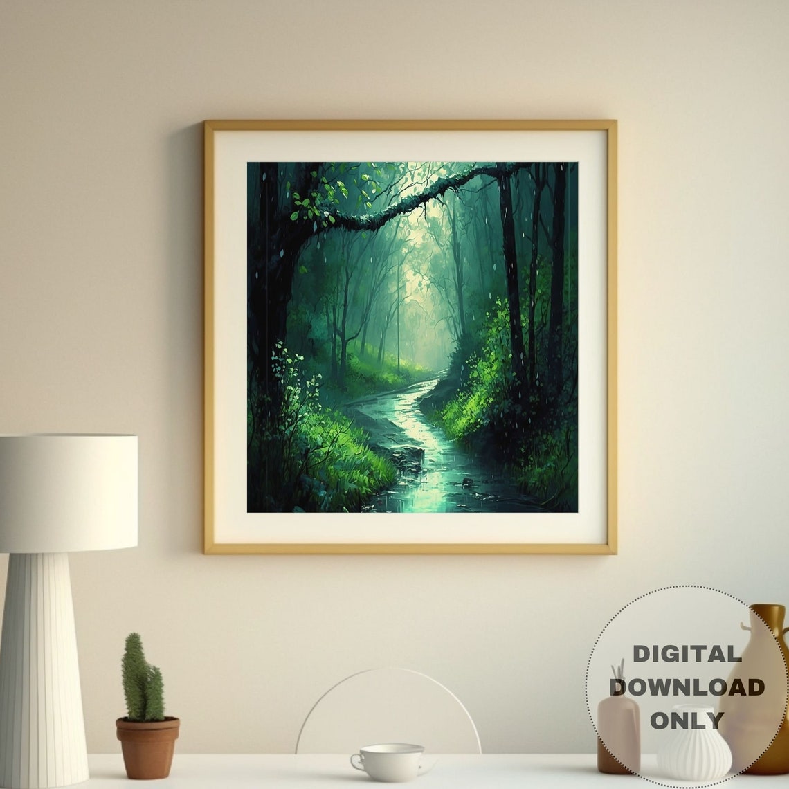 Deep Forest Stream Downpour, Forest-trees-river, Printable Wall Art ...