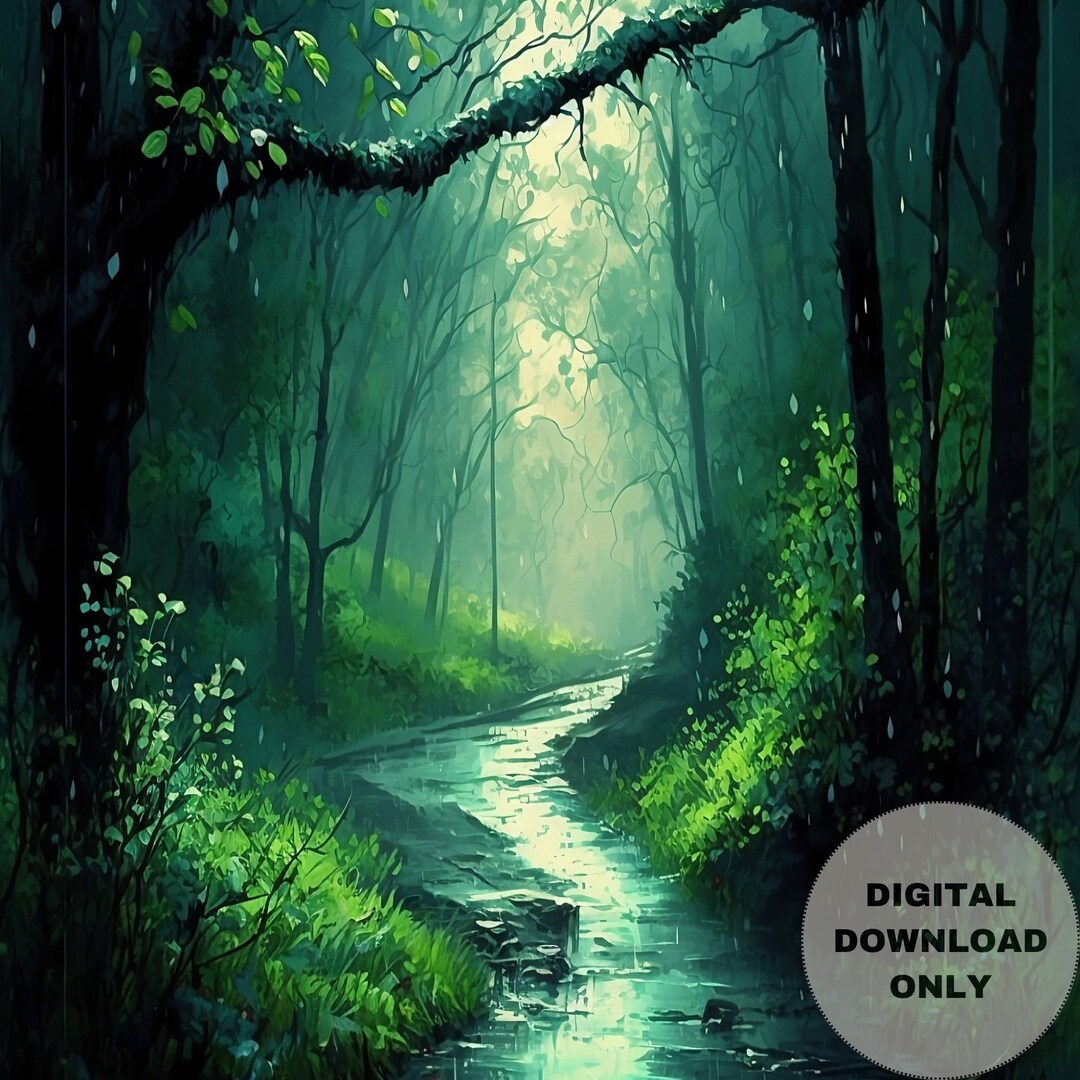 Deep Forest Stream Downpour, Forest-trees-river, Printable Wall Art ...