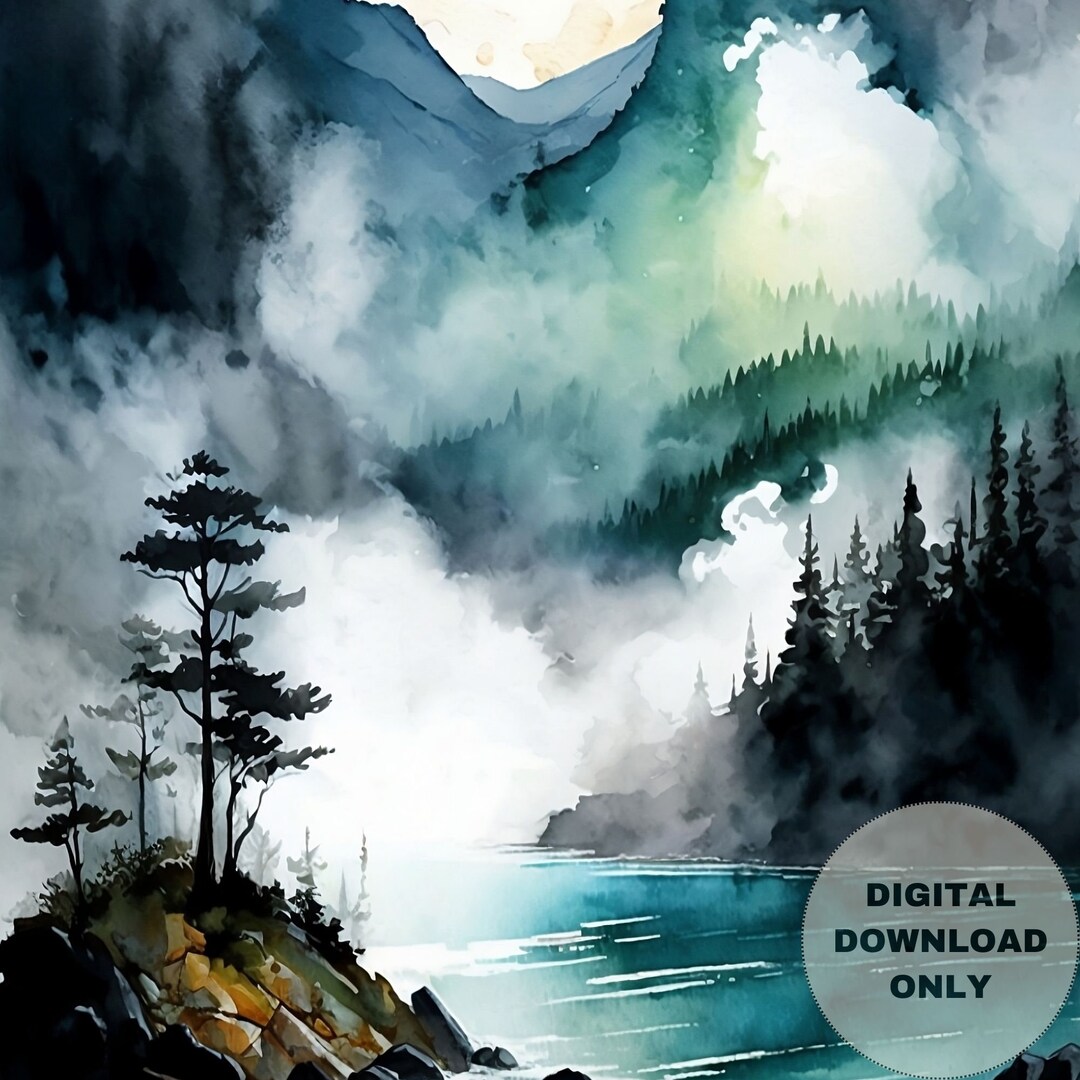 Temperate Rainforest Peaks, Mountain-lake-forest, Printable Wall Art ...