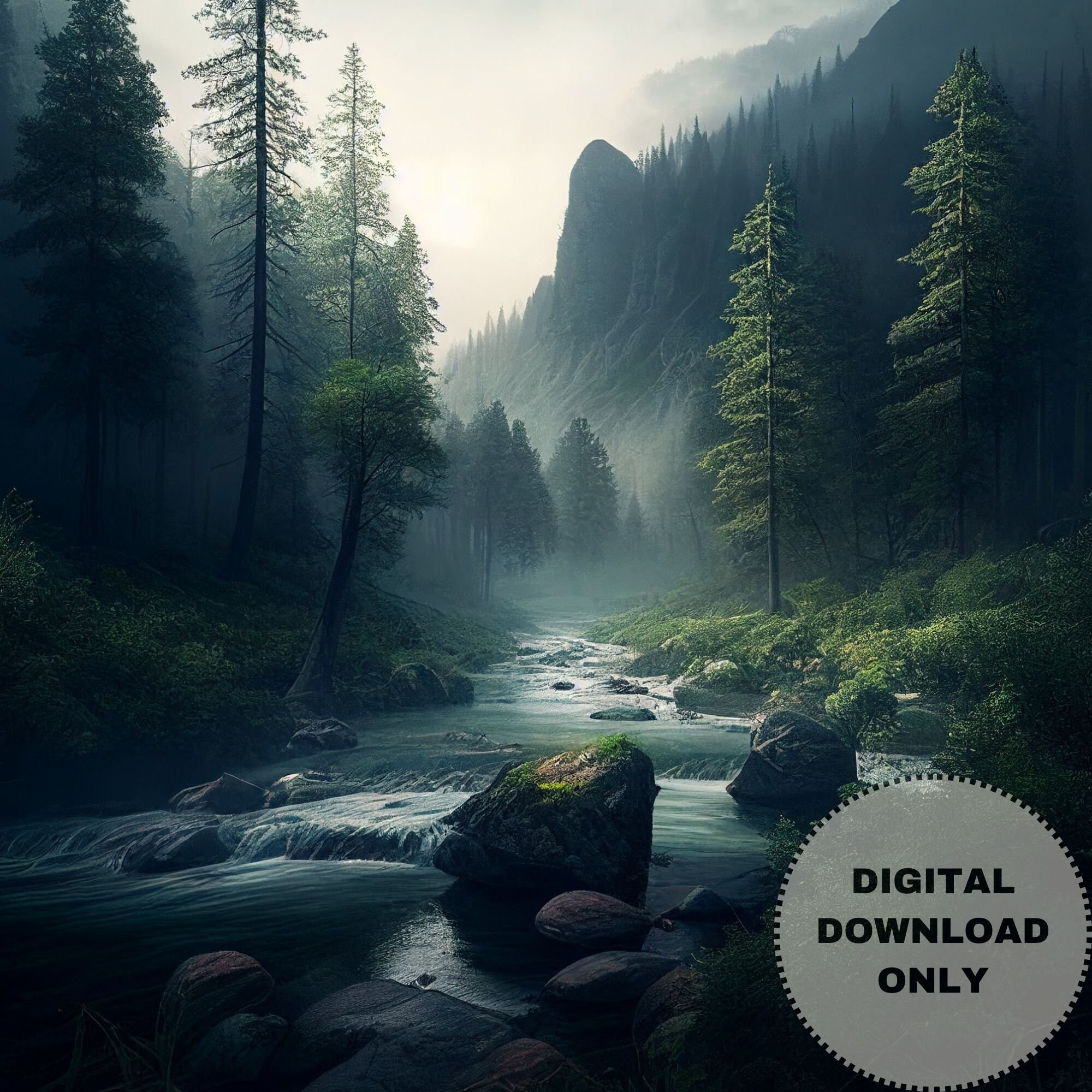 Mystical Run of the Shadowed Mountains, Forest-mountain-river, Printable Wall Art, Digital ...
