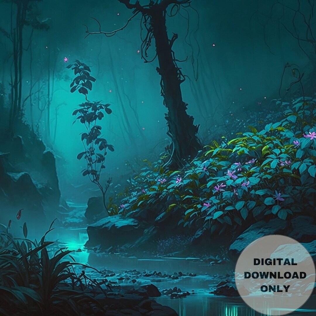 Nighttime Stream in the Forest of Ethereal Mist, Night-forest-stream ...