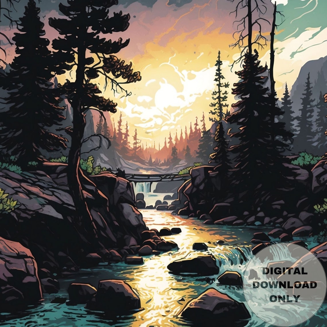 Gleaming River of the Remote Falls, River-forest-falls, Printable Wall ...