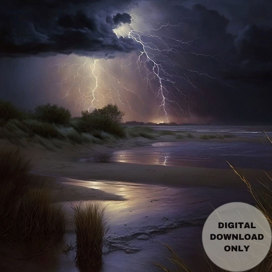 Arcing Light Over the Still Beach, Ocean-storm-lightning, Printable ...