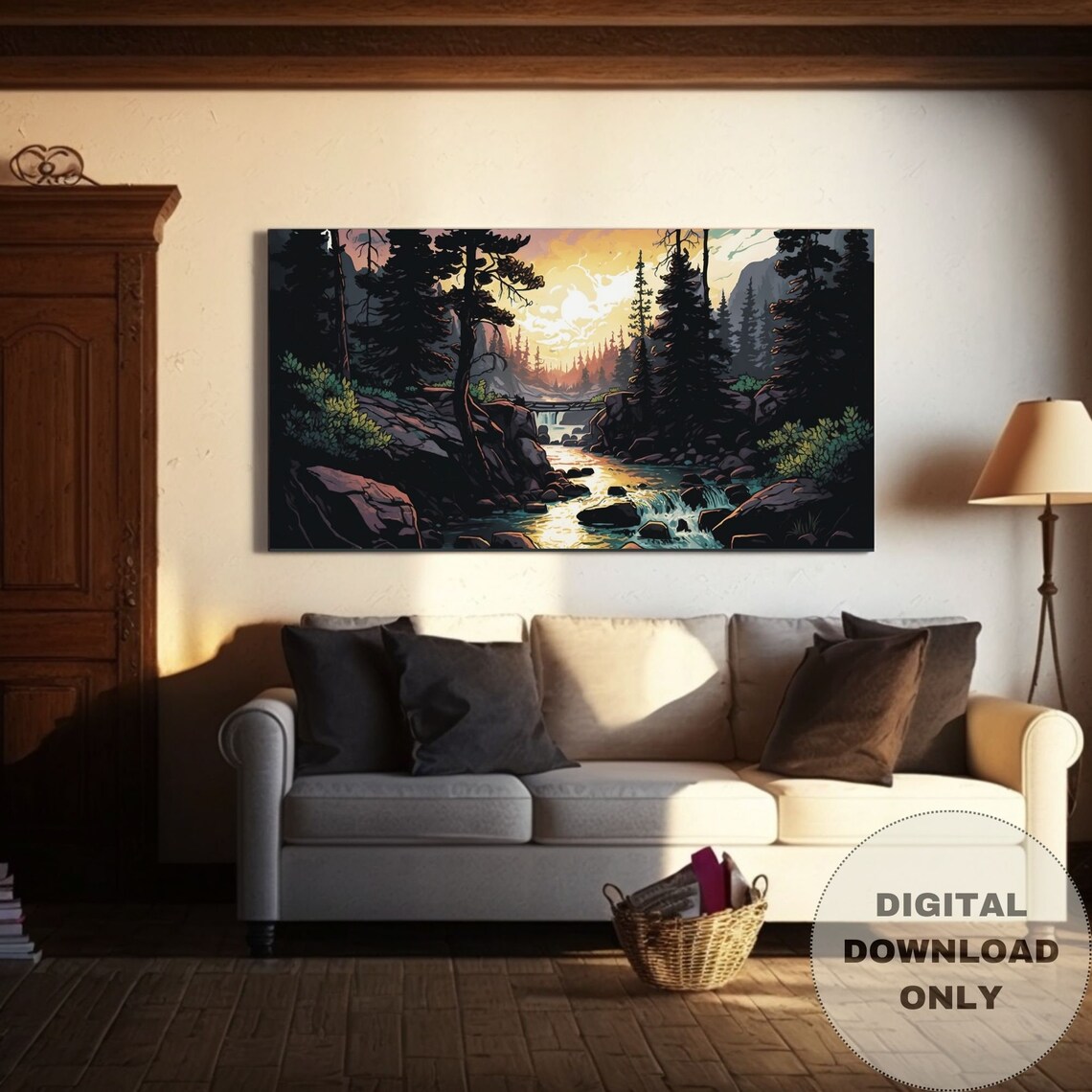 Gleaming River of the Remote Falls, River-forest-falls, Printable Wall ...