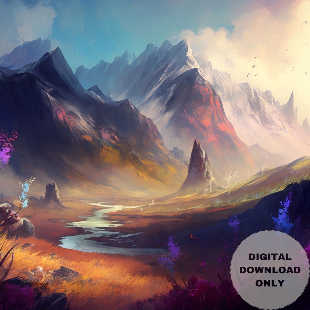 Ethereal River Canyon Barrier, Fields-mountains-riverbed, Printable ...