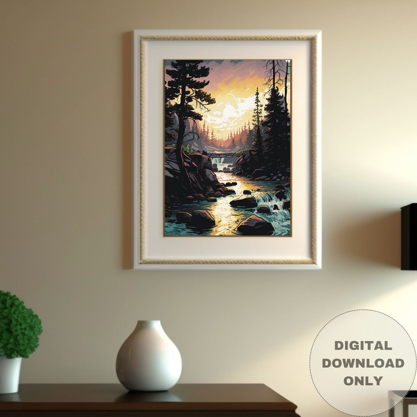 Gleaming River of the Remote Falls, River-forest-falls, Printable Wall ...