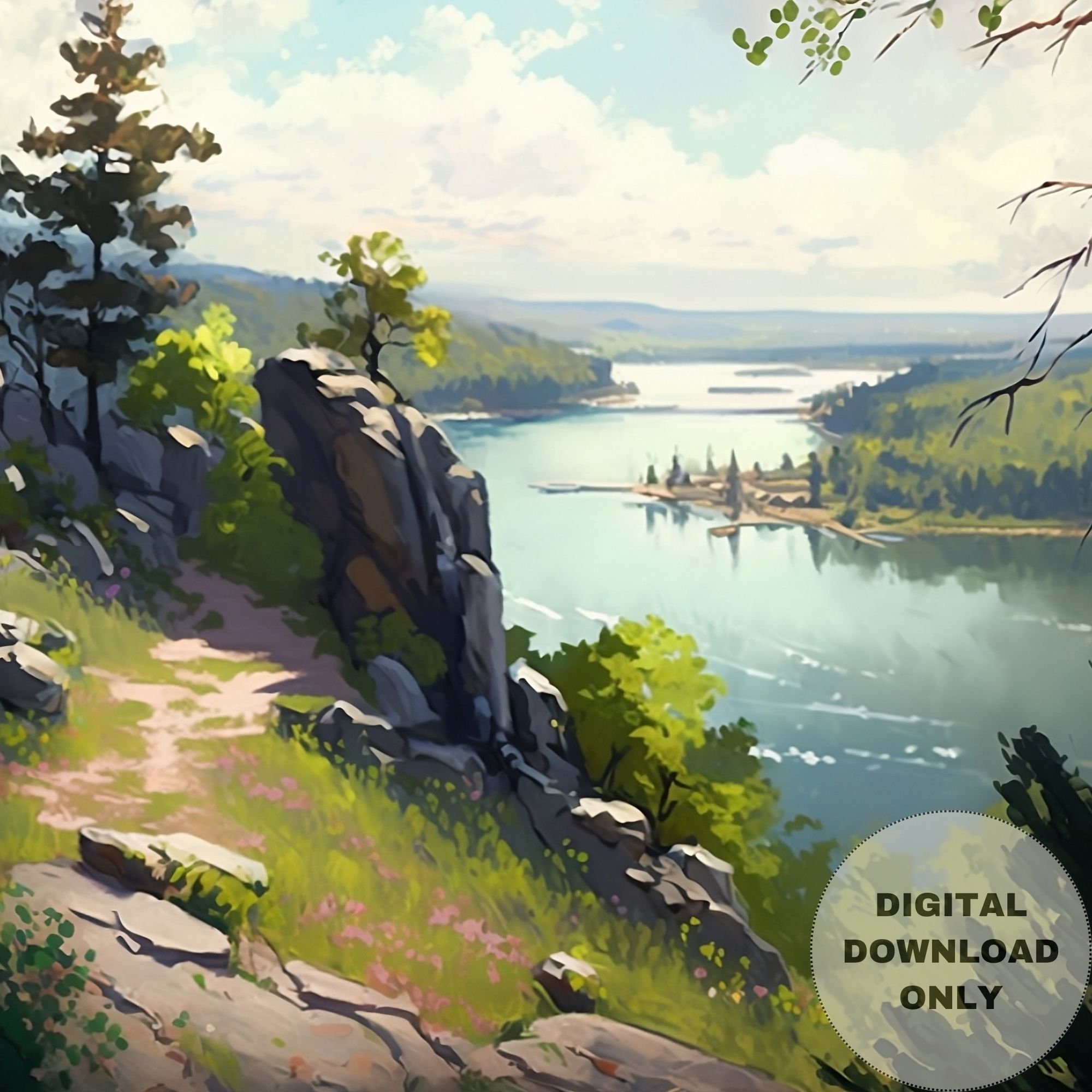 Cliff View of a New River Town, Cliff-river-town, Printable Wall Art ...