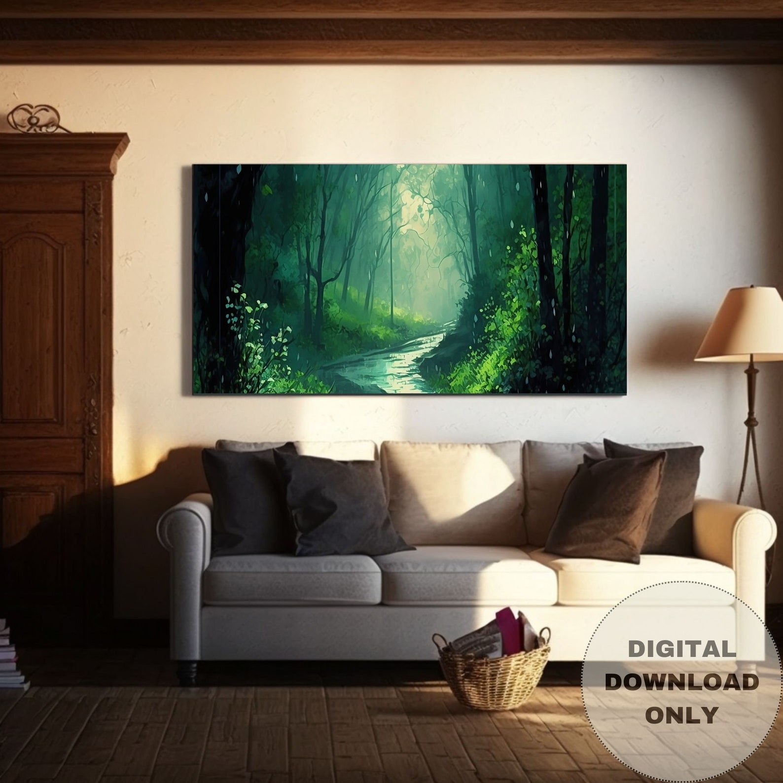 Deep Forest Stream Downpour, Forest-trees-river, Printable Wall Art ...