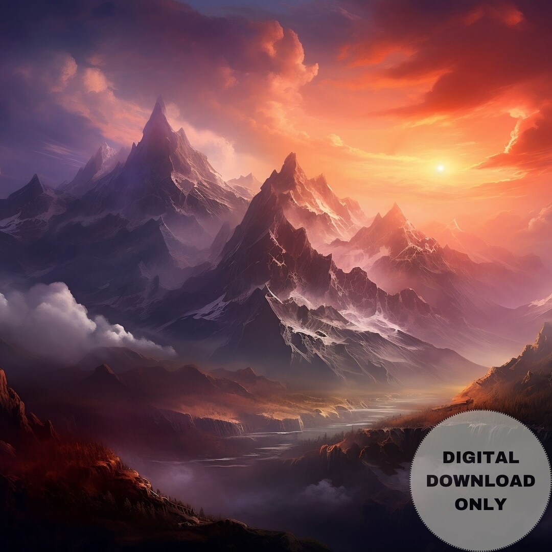 Jagged Mountains in the Waning Sun, Mountains-sunset-clouds, Printable ...