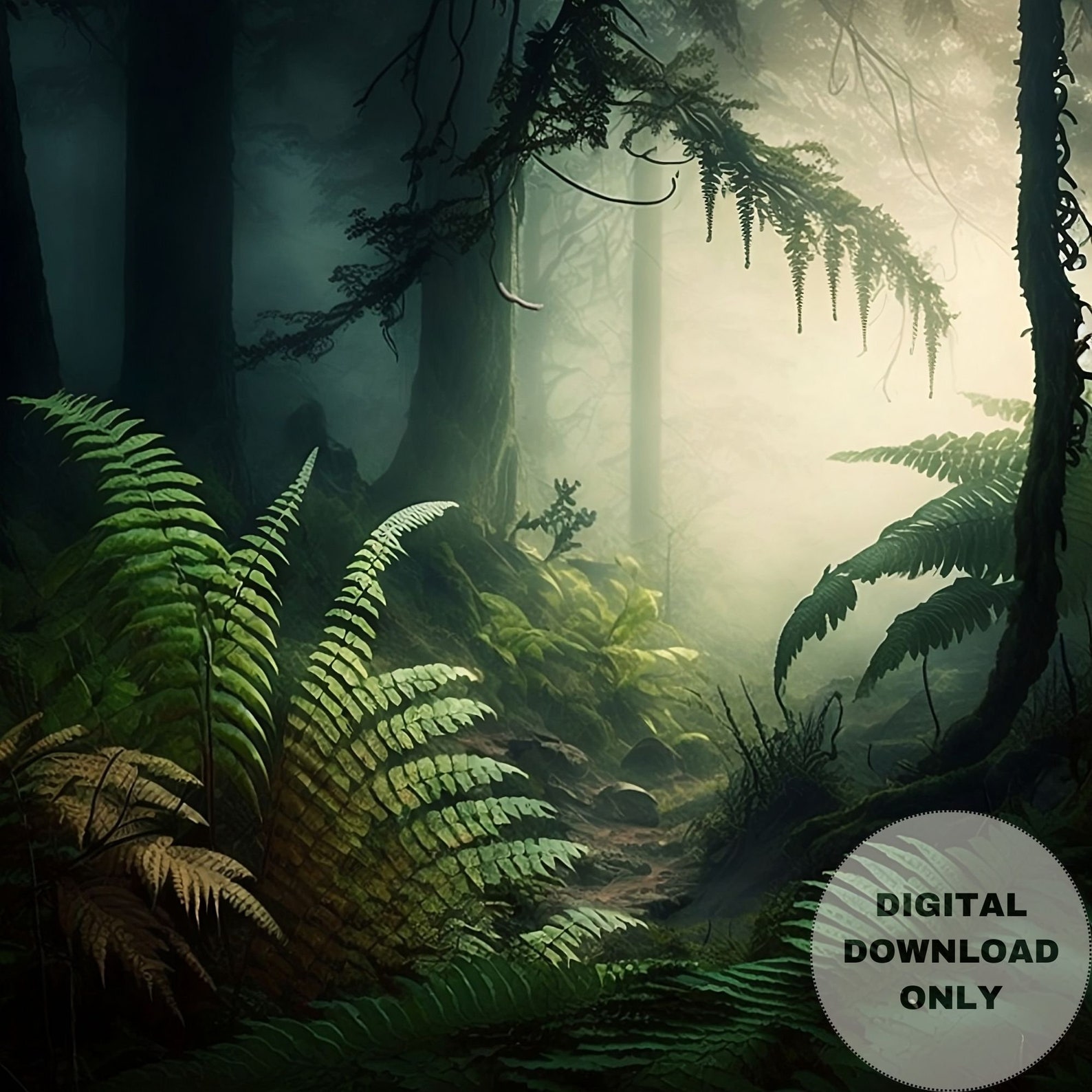 Dawn in the Ethereal Fern Forest, Fern-dawn-forest, Printable Wall Art ...