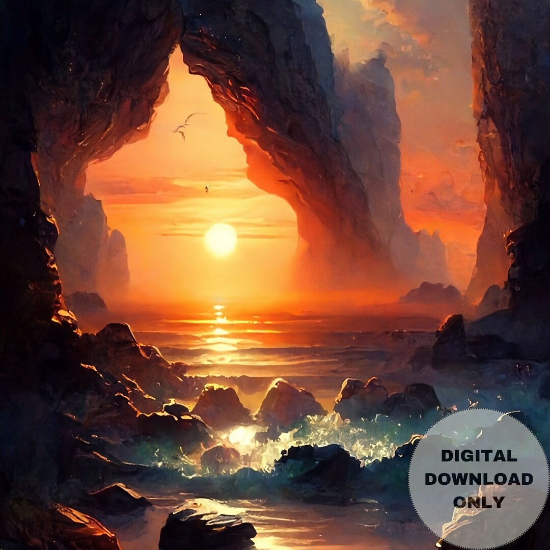 Setting of the Ethereal Sun, Ocean-sunset-shore, Printable Wall Art ...