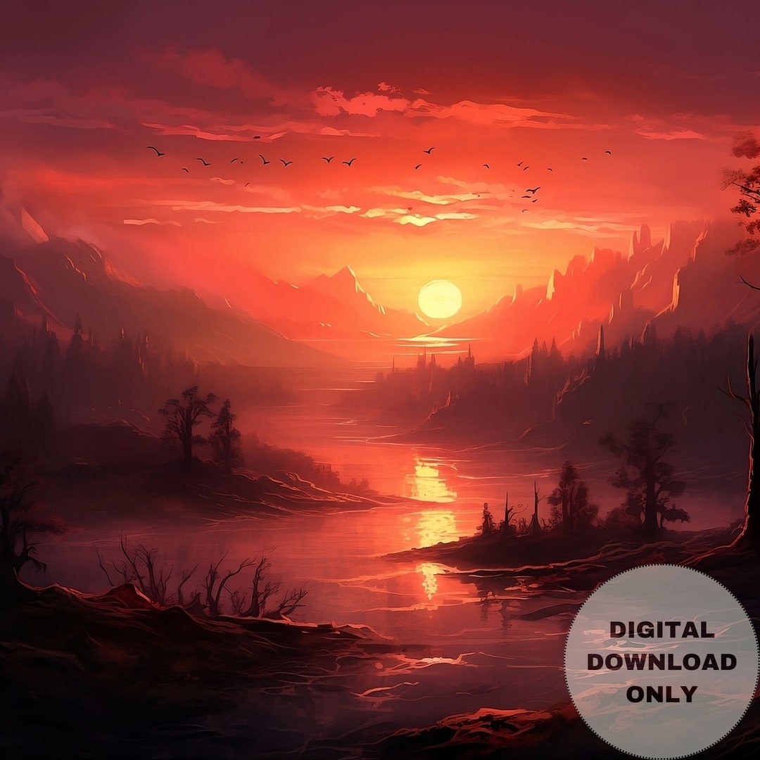 Ominous Sun Over the Ethereal Moors, Lake-sunset-ominous, Printable ...