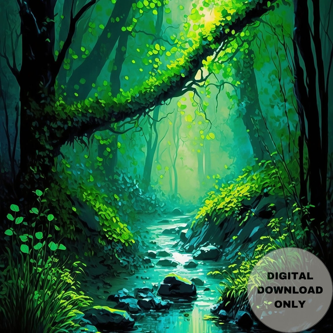 Greenery of the Deep Mystical Woods, Forest-trees-river, Printable Wall ...