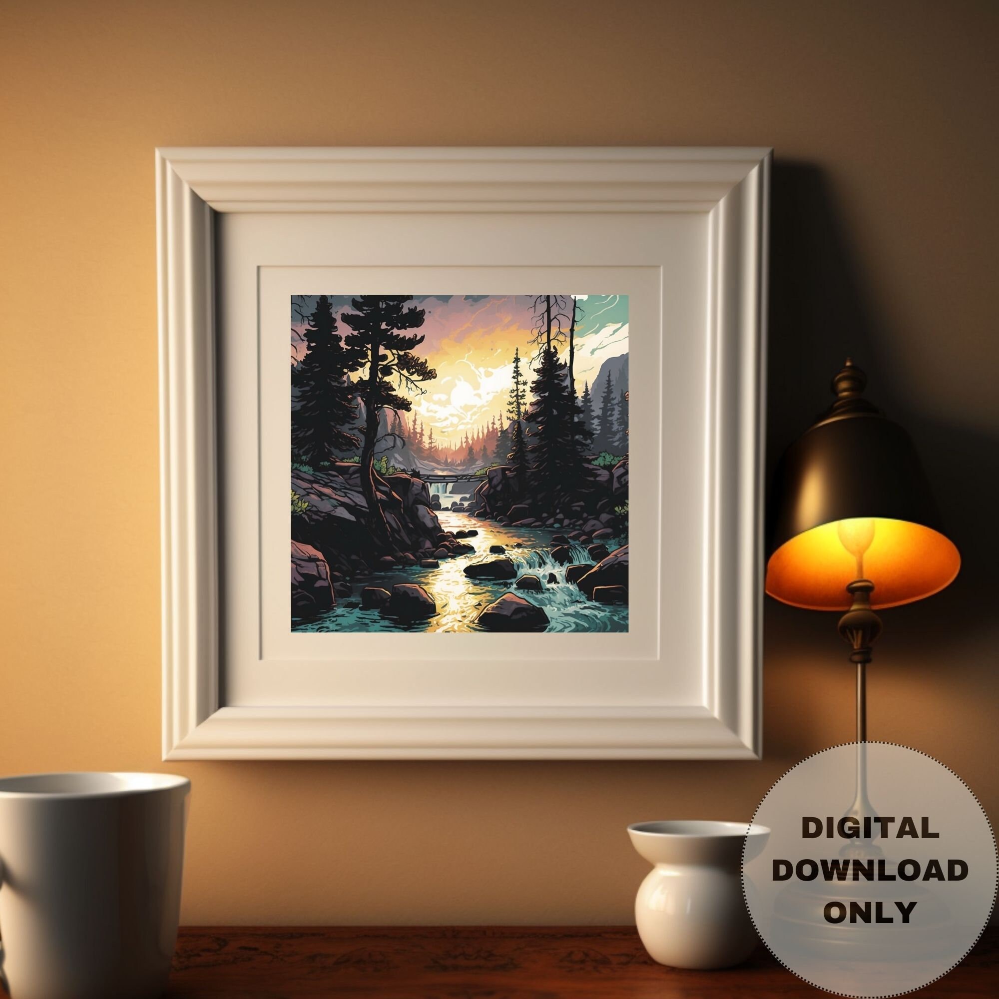 Gleaming River of the Remote Falls, River-forest-falls, Printable Wall ...