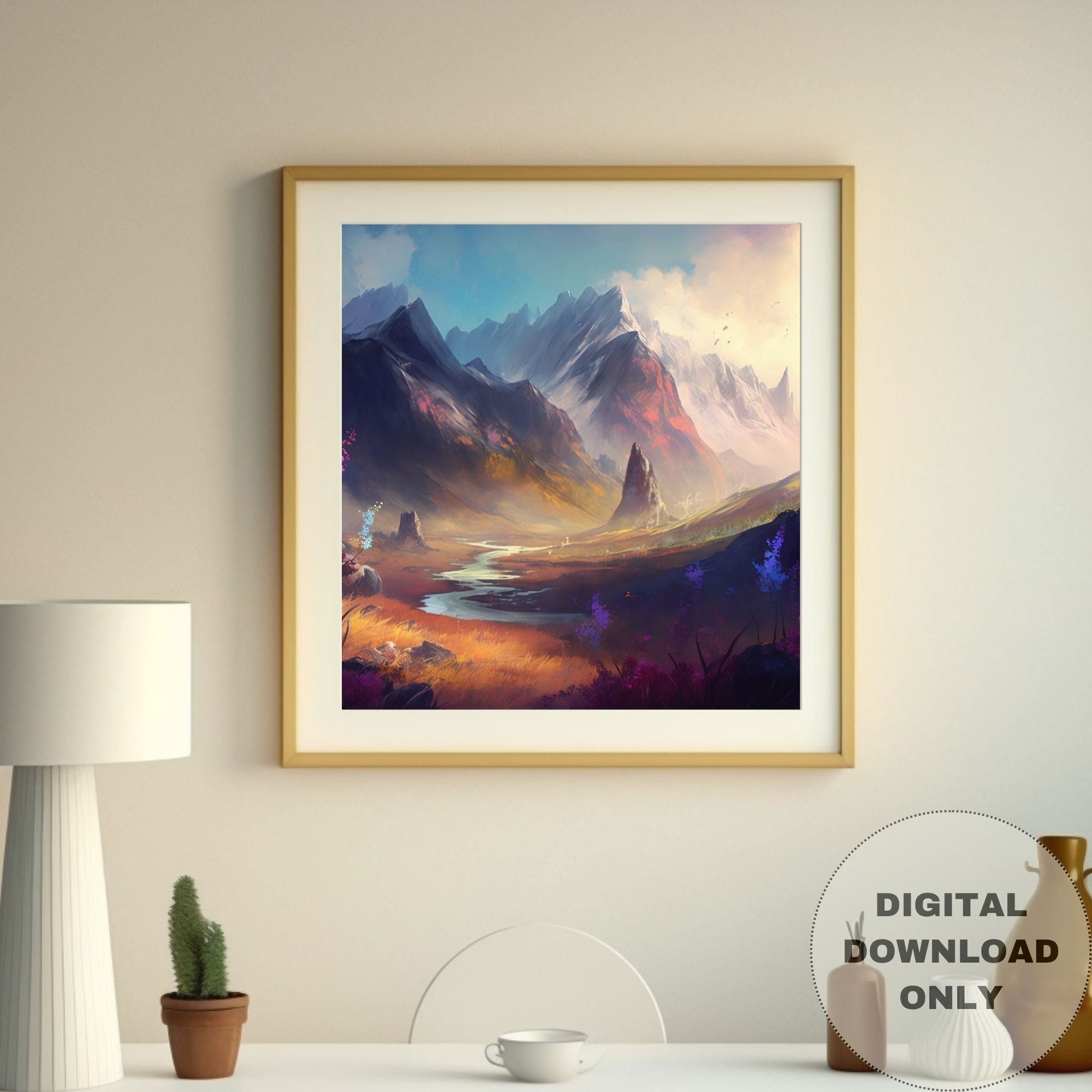 Ethereal River Canyon Barrier, Fields-mountains-riverbed, Printable ...