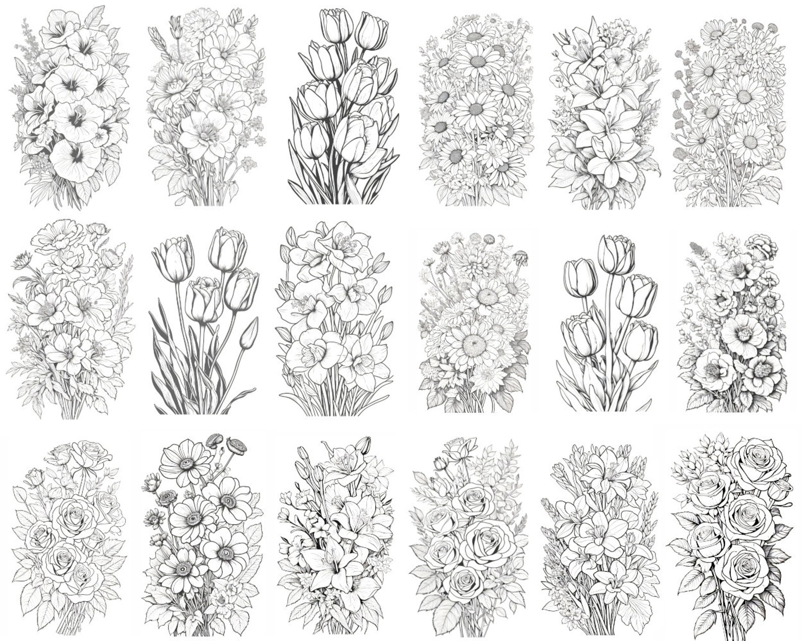Beautiful Flower Bouquets Coloring Pages, Greyscale, Botanical Pages ...