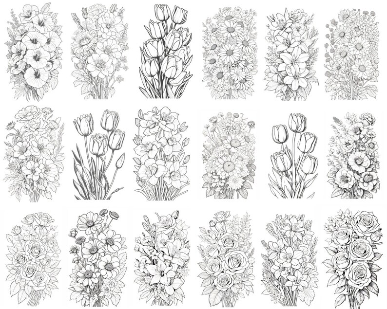 Beautiful Flower Bouquets Coloring Pages, Greyscale, Botanical Pages ...