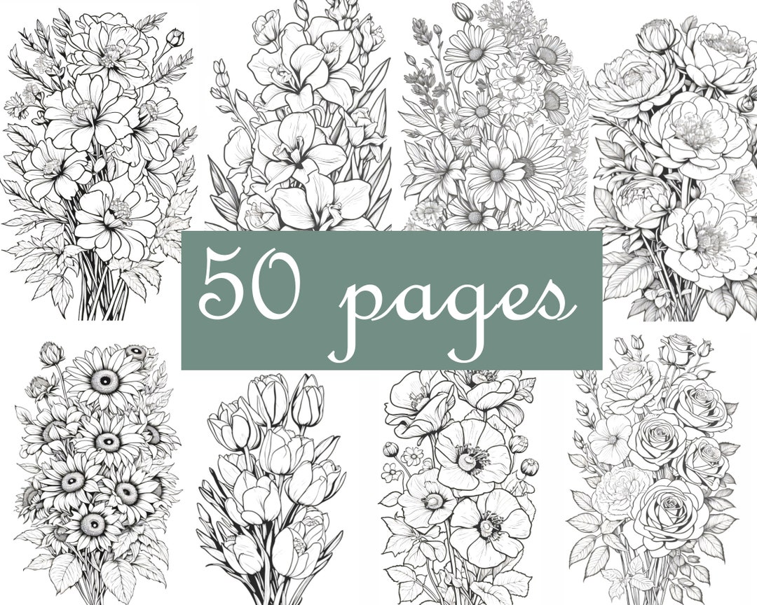 Beautiful Flower Bouquets Coloring Pages, Greyscale, Botanical Pages ...