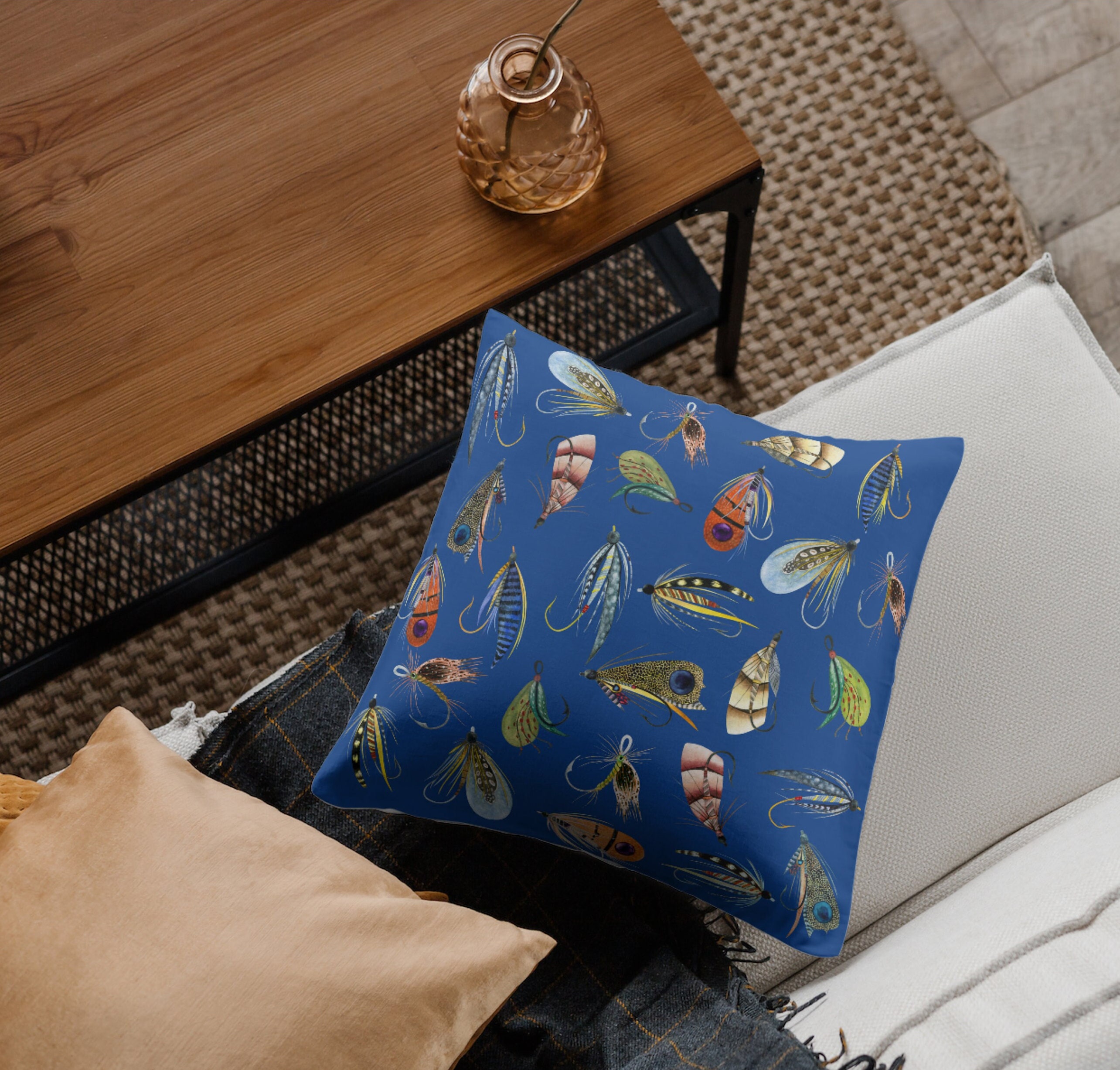 Fly Fishing Flies Throw Pillow Camper Lake House Decor Spun Polyester ...