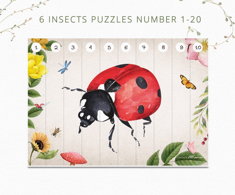Insects Number Sequence Puzzle 1-20. Bugs Puzzle Printable. Preschool ...