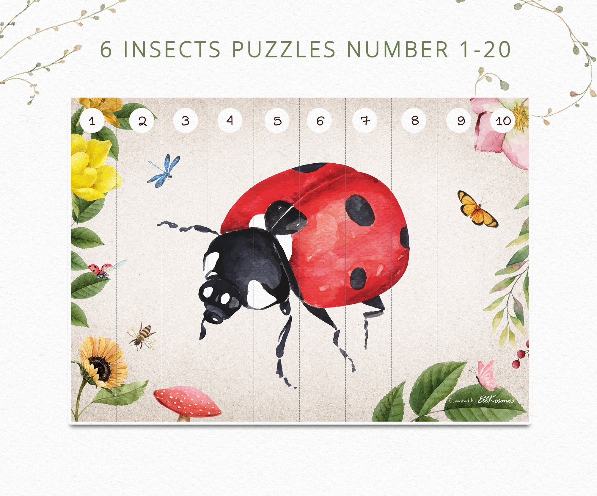 Insects Number Sequence Puzzle 1-20. Bugs Puzzle Printable. Preschool ...