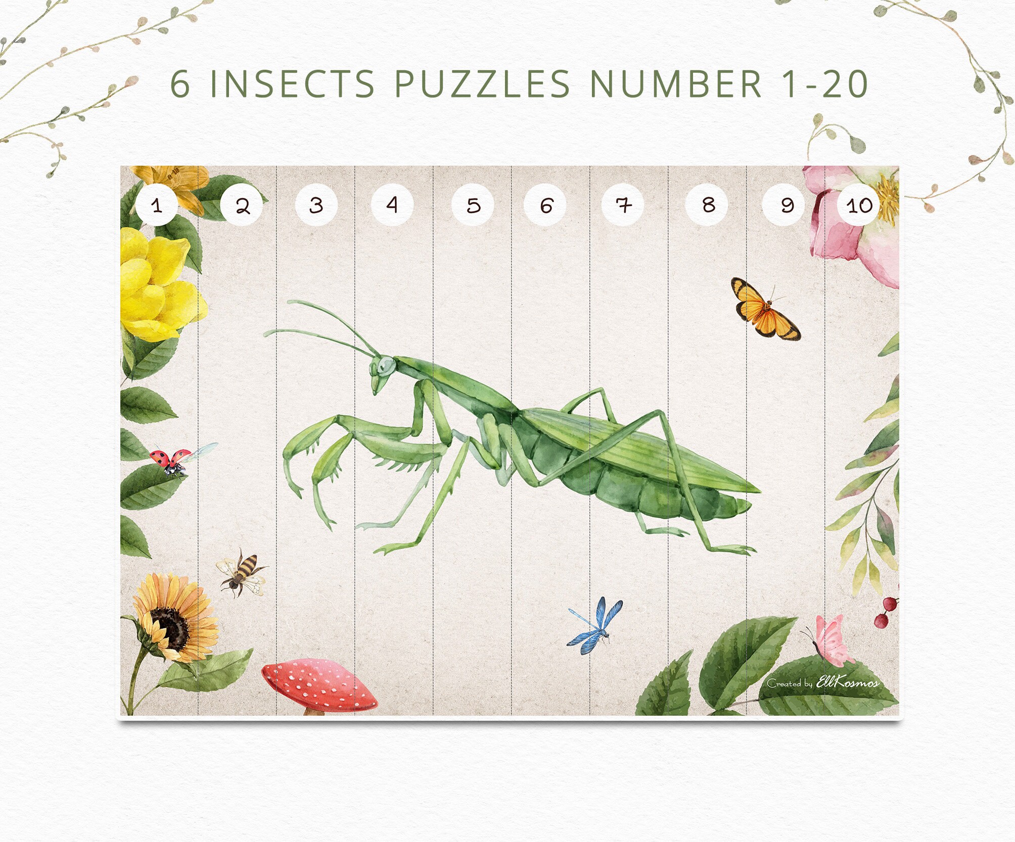 Insects Number Sequence Puzzle 1-20. Bugs Puzzle Printable. Preschool ...