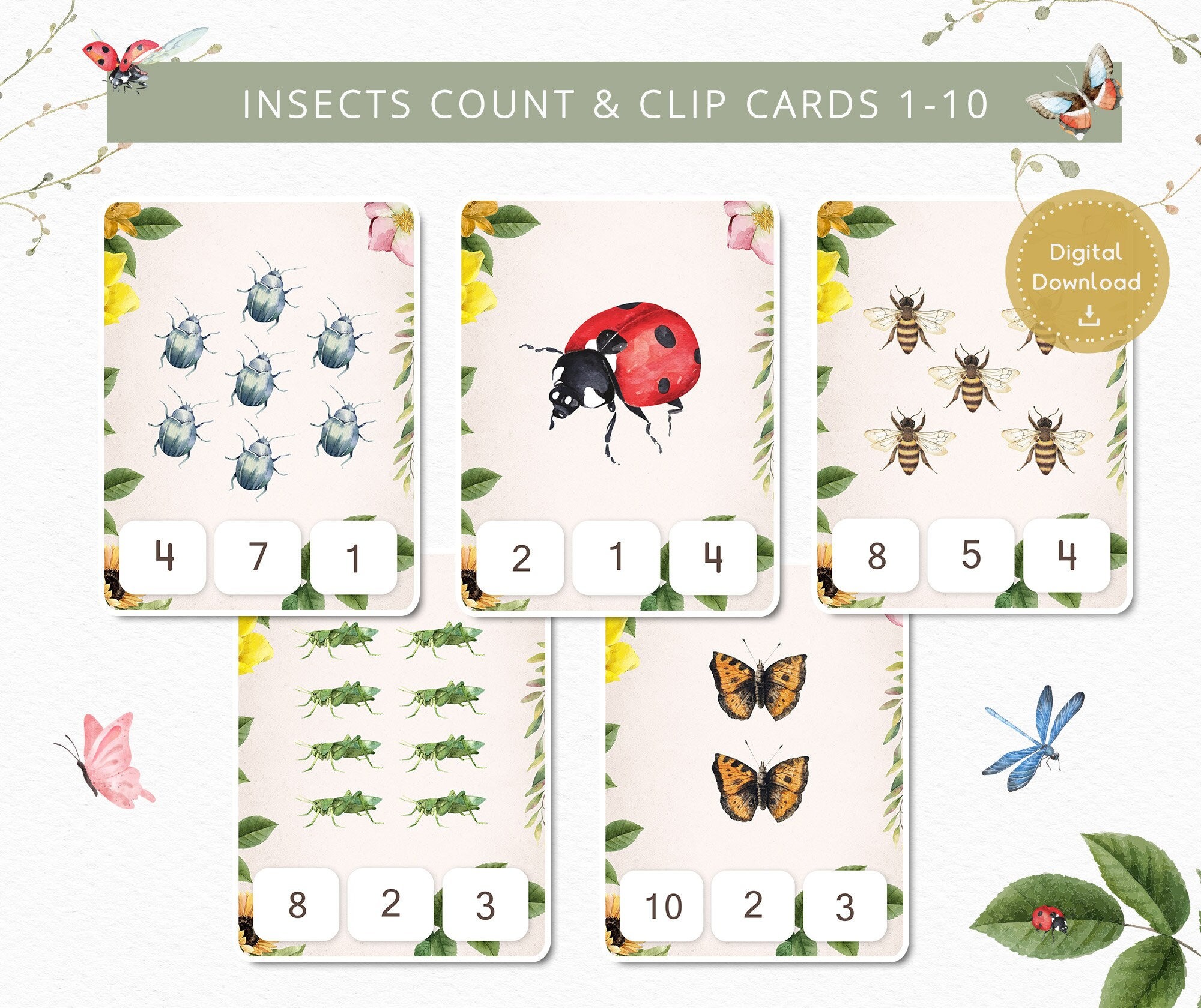 Insects Count and Clip Cards 1 10 Montessori Activity. - Etsy