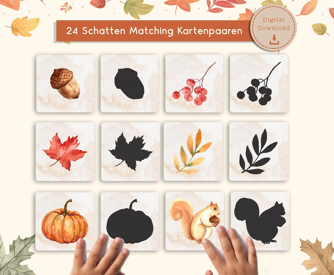 24 Fall Shadow Matching Game Montessori Activity 24 Card Pairs ...