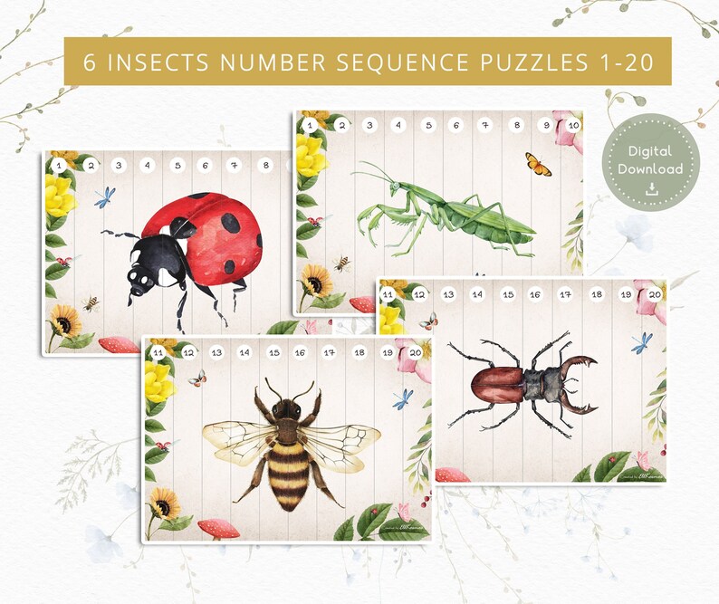 Insects Number Sequence Puzzle 1-20. Bugs Puzzle Printable. Preschool ...