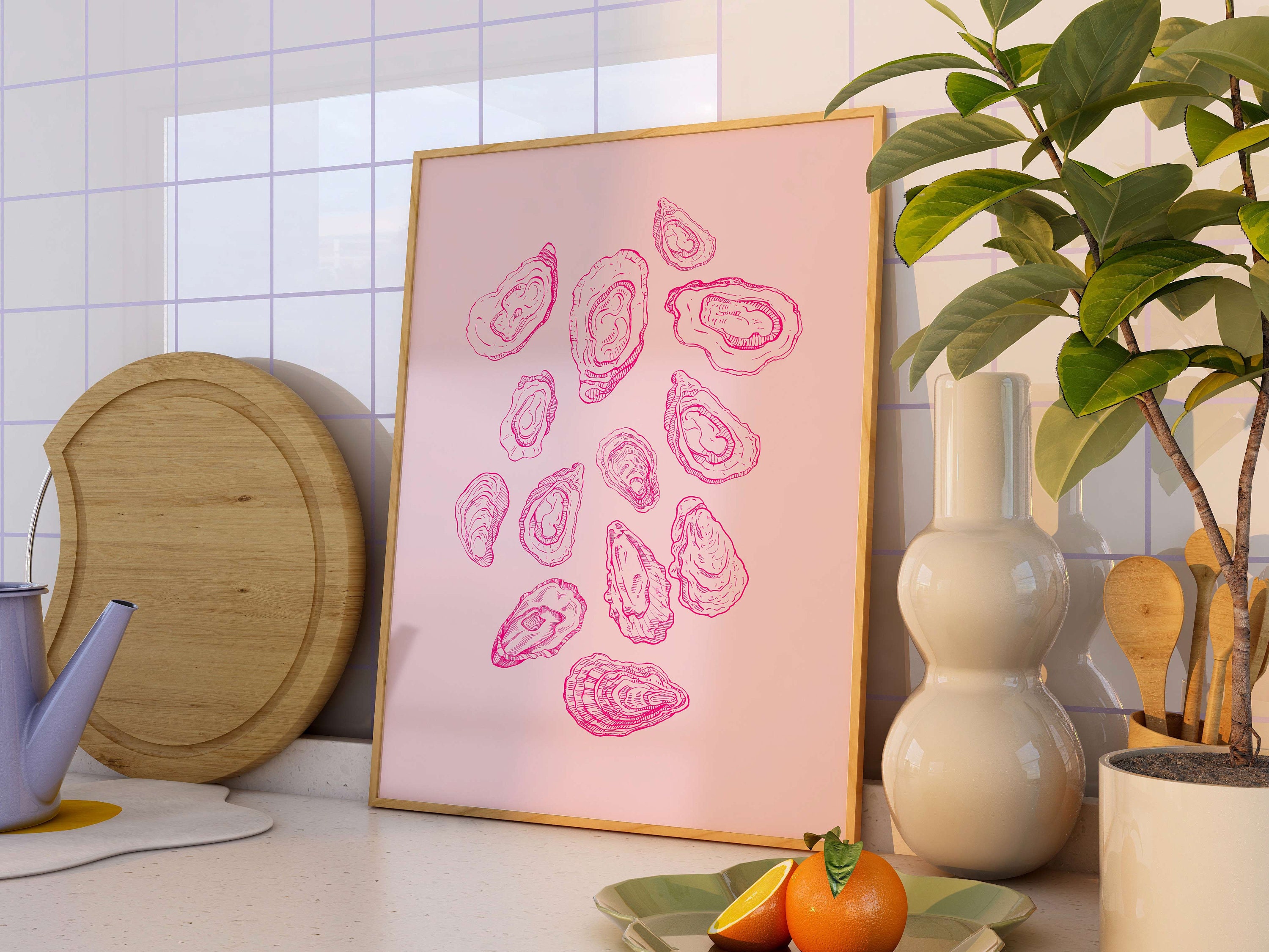 Pink and Red Oyster Wall Print, Kitchen Poster, Minimalist Wall Print ...