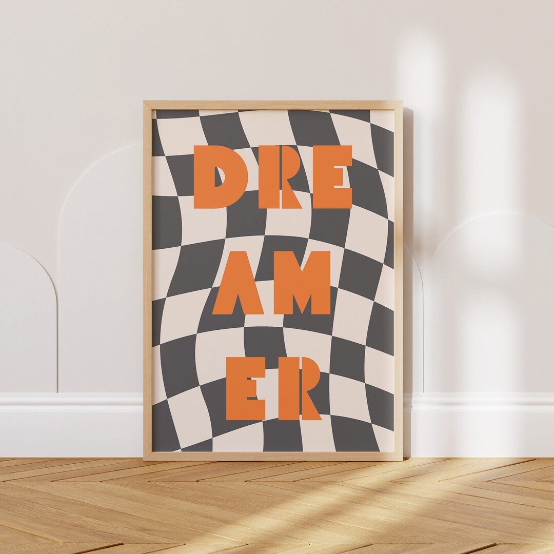 Dreamer, Black and White Retro Checker Poster, Groovy 70s Wall Art ...