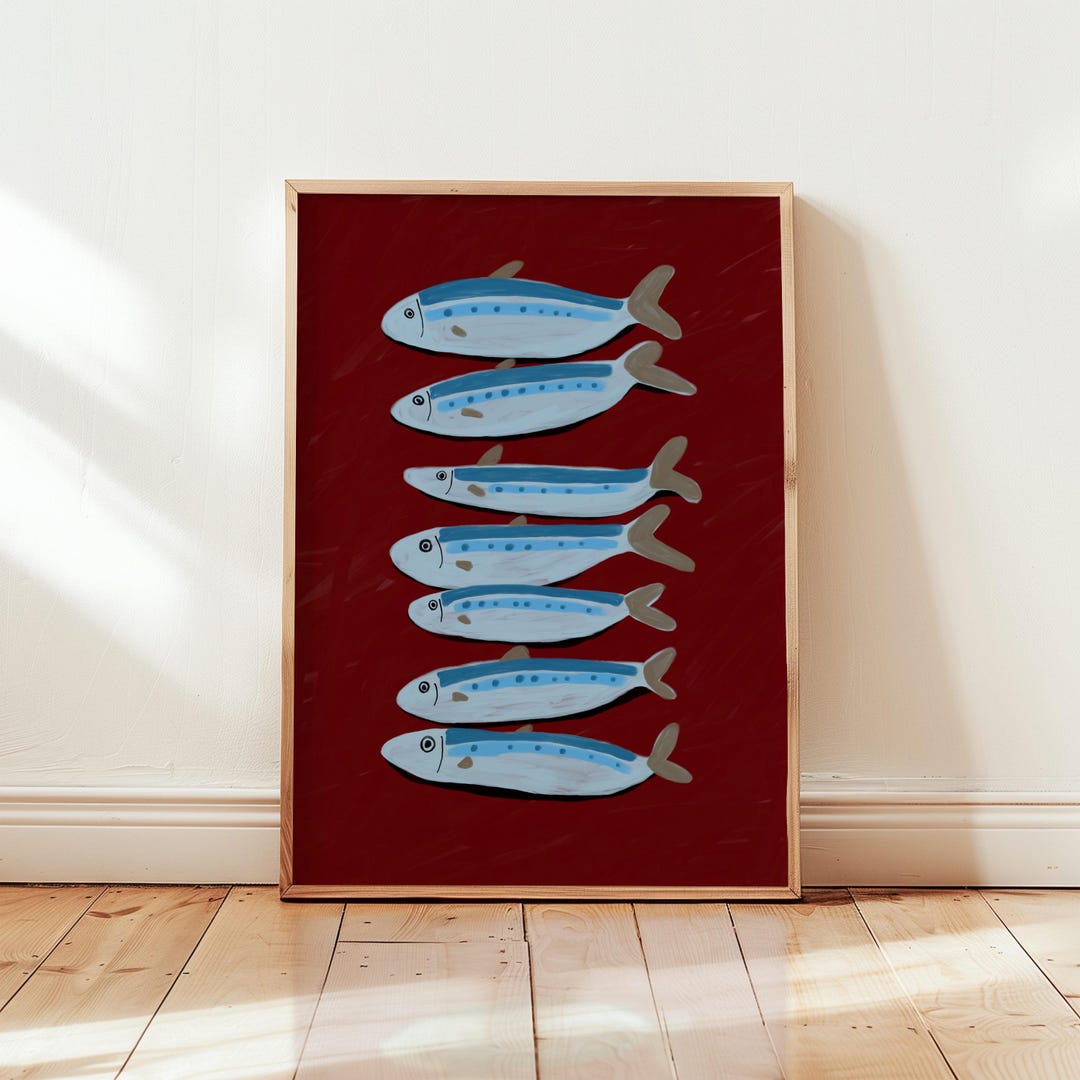 Sardines Art Print, Sardine Painting, Kitchen Wall Art, Dark Cherry Red ...