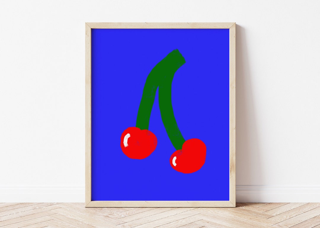 Blue Red and Green Cherry Print, Statement Poster, Funky Original ...