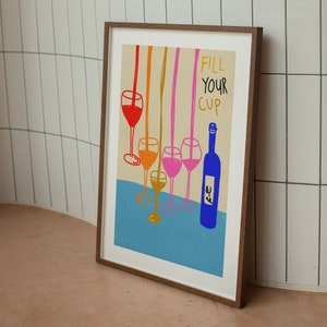 Fill Your Cup, Colorful Hand Drawn Print, Mid Century Bar Cart Art ...