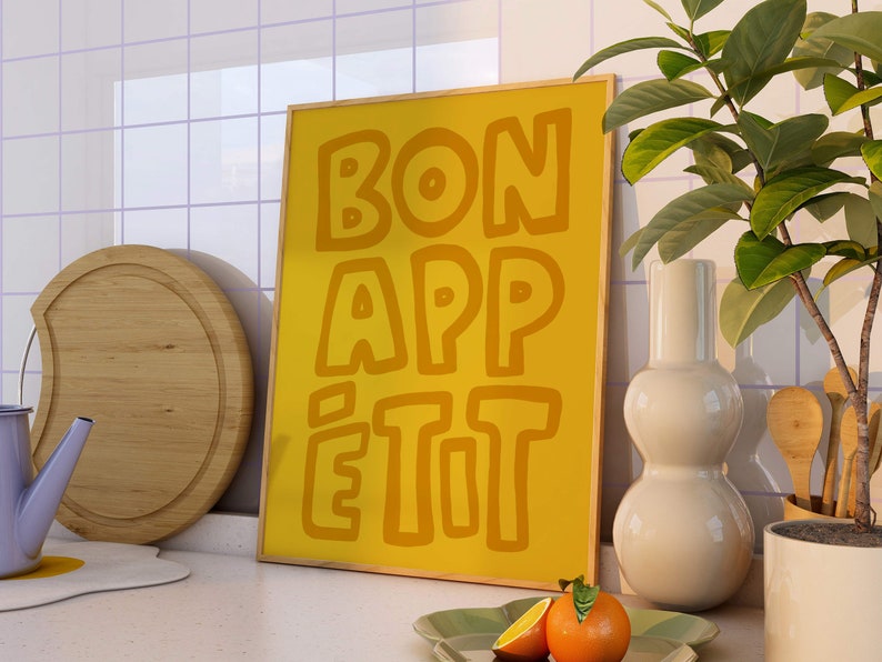 Bon Appetit Poster, Maximalist Küche, senfgelb, Retro 70's Style, Food ...