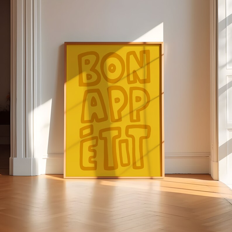 Bon Appetit Poster, Maximalist Küche, senfgelb, Retro 70's Style, Food ...