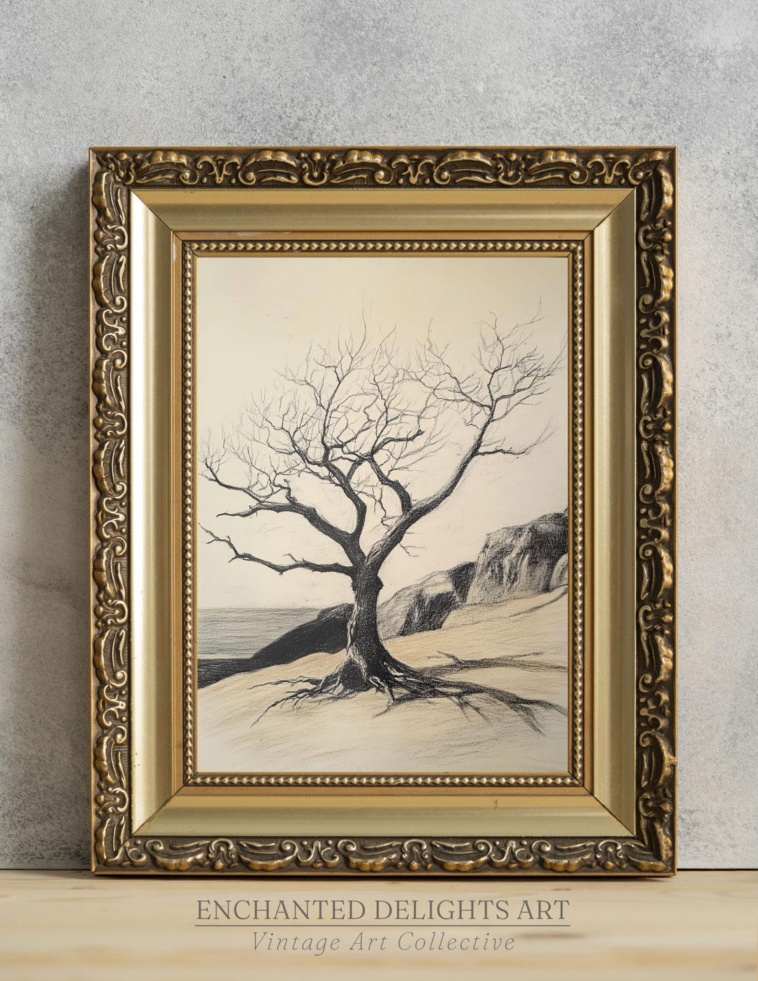 Solitary Dead Tree Pencil Sketch, PRINTABLE Vintage Wall Decor, Coastal ...