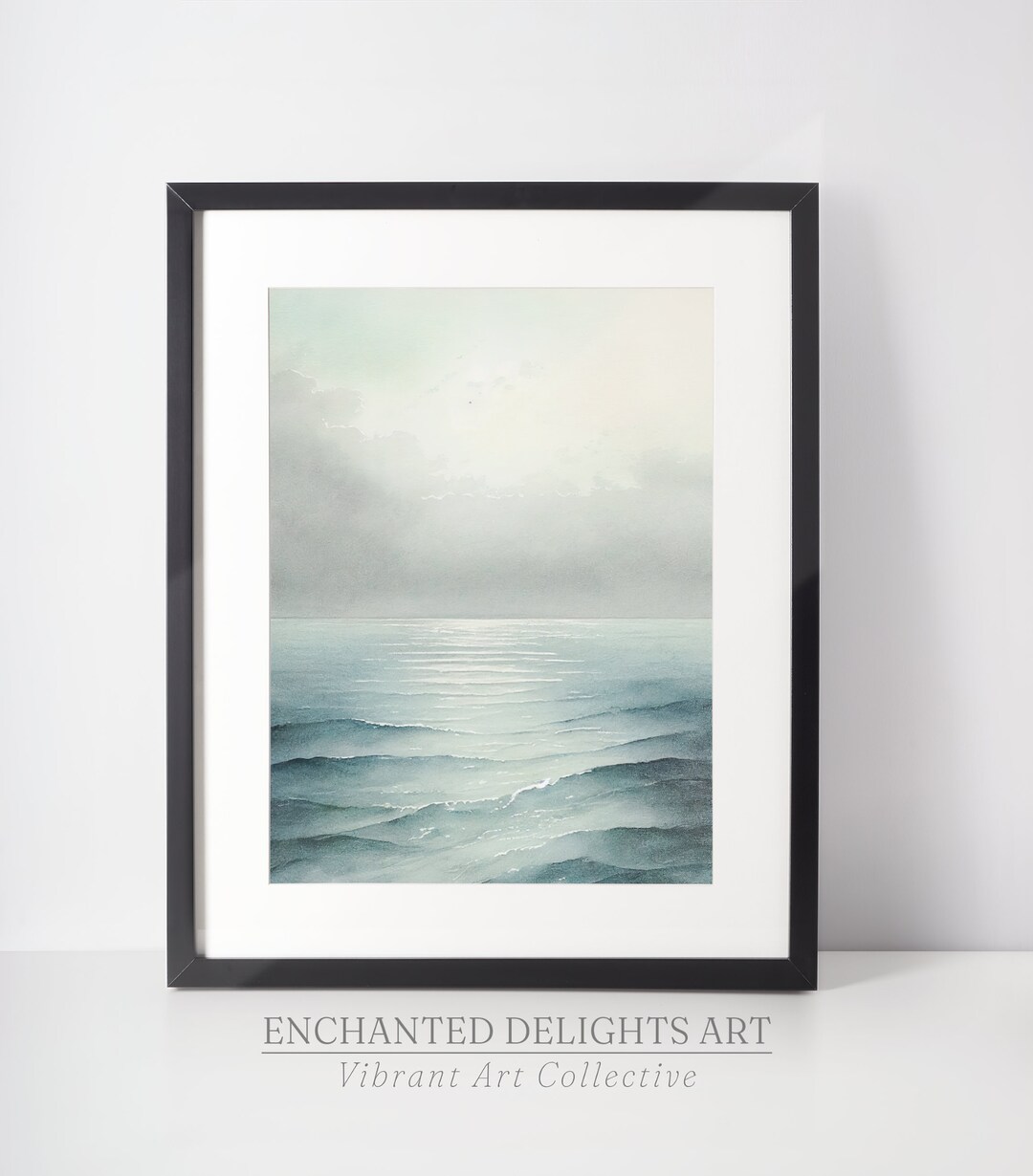 Moody Vintage Watercolor Calm Ocean Painting, PRINTABLE Wall Art ...