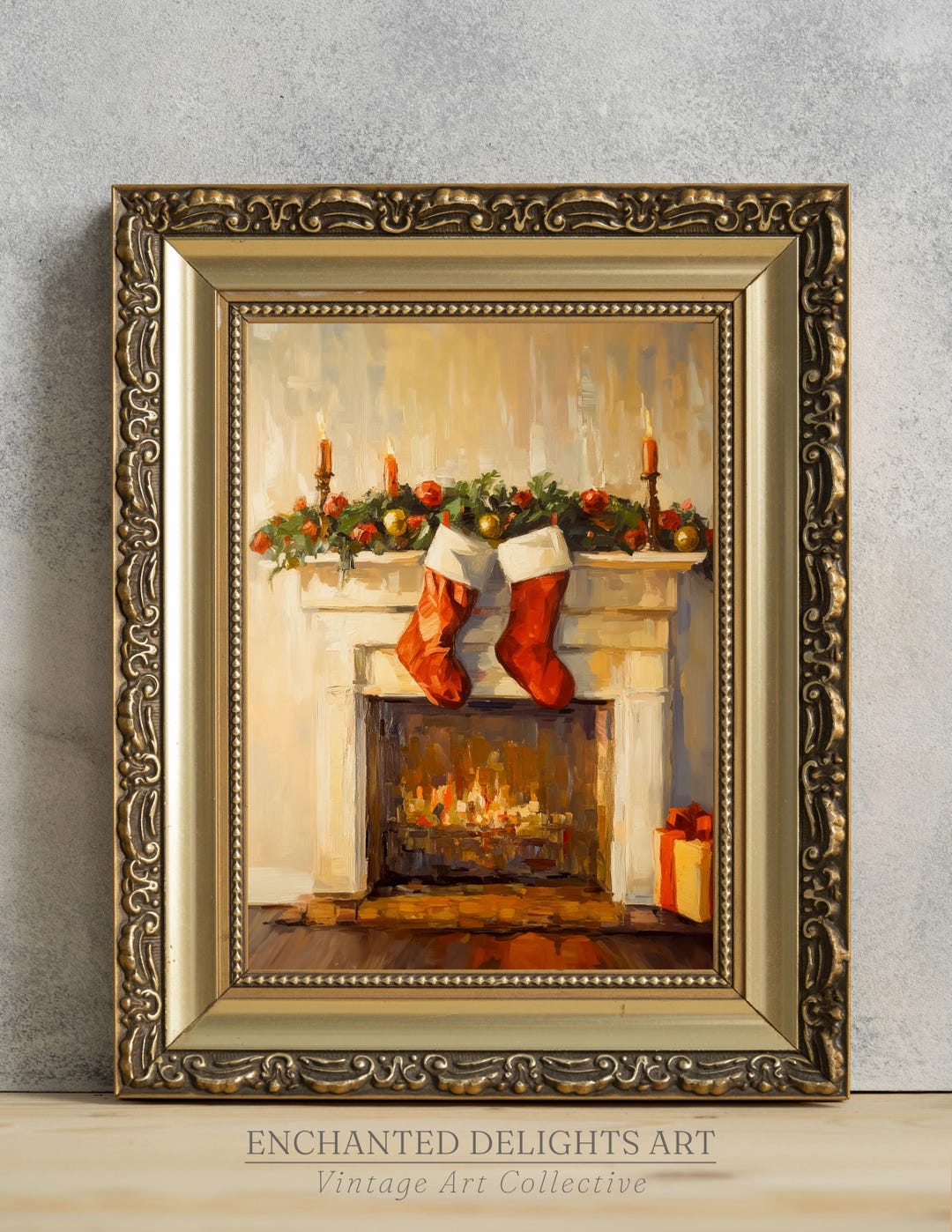 Impressionist Christmas Fireplace Painting, PRINTABLE Vintage Wall Art ...