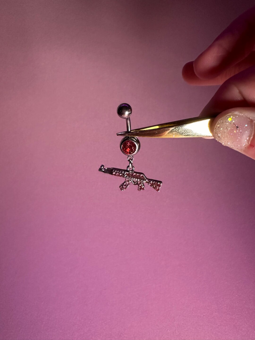 Pink Machine Gun Belly Bar Stainless Steel Gemstone Details - Etsy
