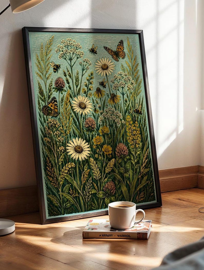 Pollinator Meadow Art, Bees Butterfly Poster, Teal Botanical Print - Etsy