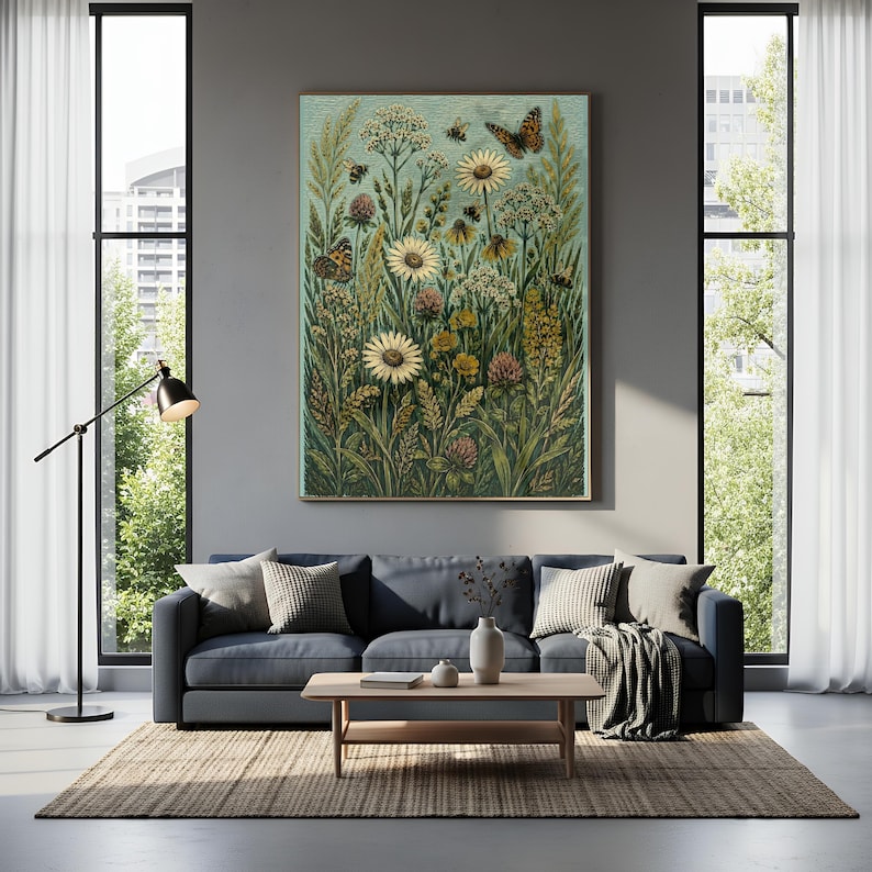 Pollinator Meadow Art, Bees Butterfly Poster, Teal Botanical Print - Etsy