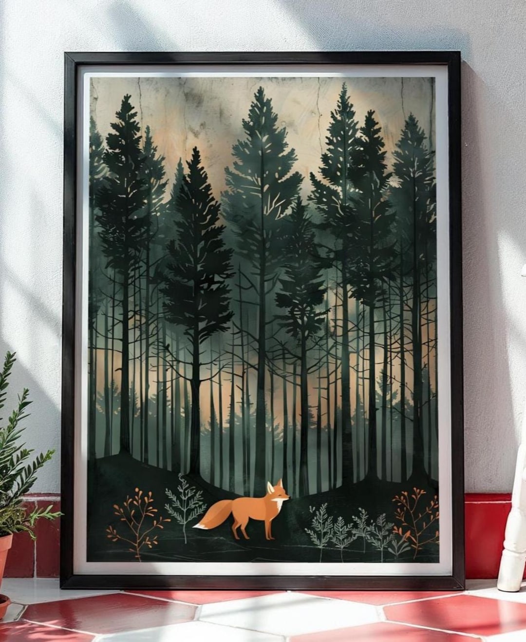 Forest Fox Art Print, Moody Pine Trees Poster, Woodblock Nature ...