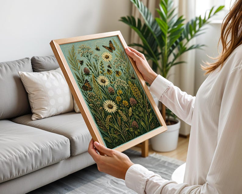Pollinator Meadow Art, Bees Butterfly Poster, Teal Botanical Print - Etsy