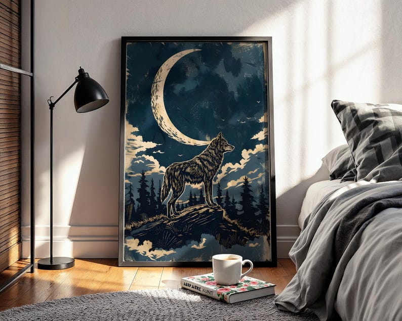 Wolf Moon Art Print, Celestial Forest Wall Decor, Moody Night ...