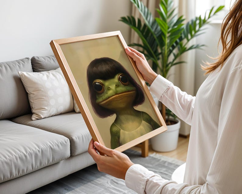 Frog Bob Haircut Art Print, Whimsical Surreal Animal Portrait (digital ...