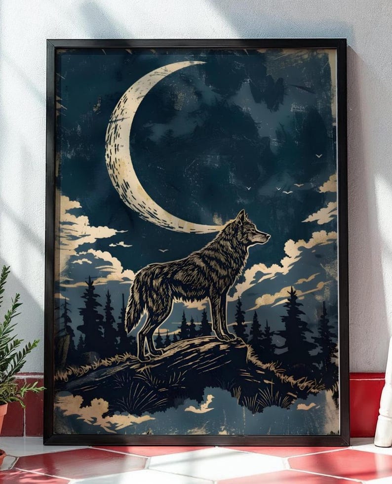 Wolf Moon Art Print, Celestial Forest Wall Decor, Moody Night ...