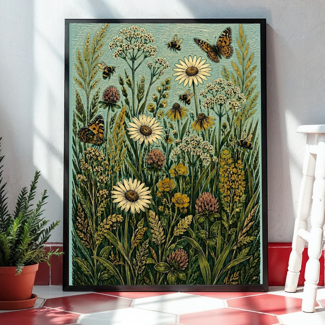 Pollinator Meadow Art, Bees Butterfly Poster, Teal Botanical Print - Etsy