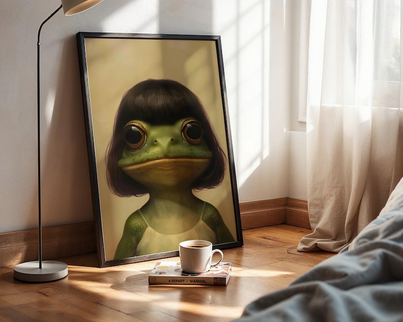 Frog Bob Haircut Art Print, Whimsical Surreal Animal Portrait (digital ...